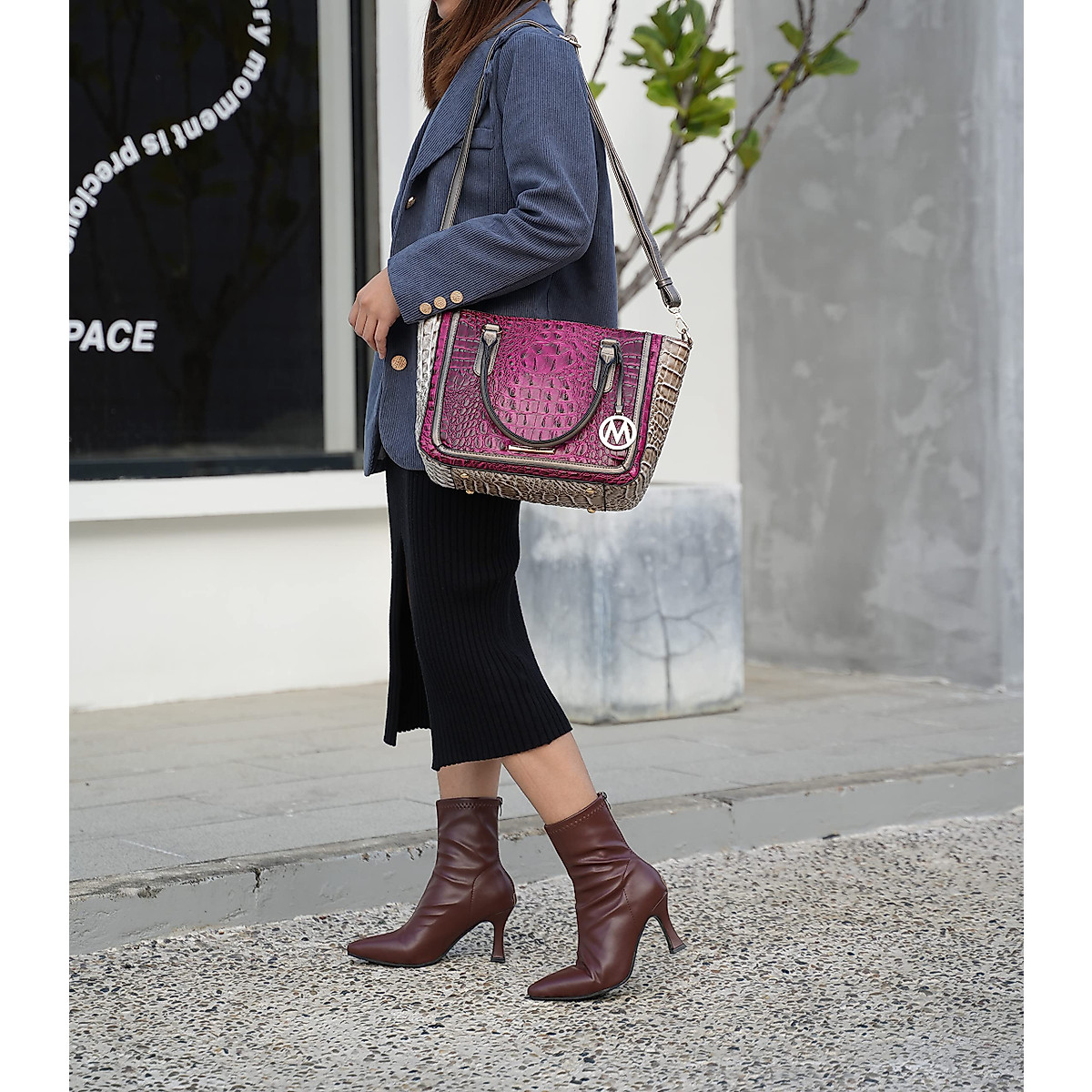 MKF Collection Satchel Bag for Women’s,Crocodile Embossed Vegan leather Crossbody Tote Handbag Top-Handle Purse Cognac Brown by Mia k