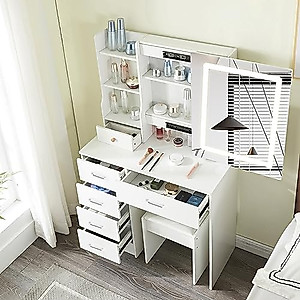 JBLCC Makeup Vaniy with Lights,Vanity with Lighted Mirror and Chair, Vanity Table with Lights and Drawers,Vanity Makeup Desk with Stool and Storage Shelves,Bedroom Furniture White (Modern 07led)