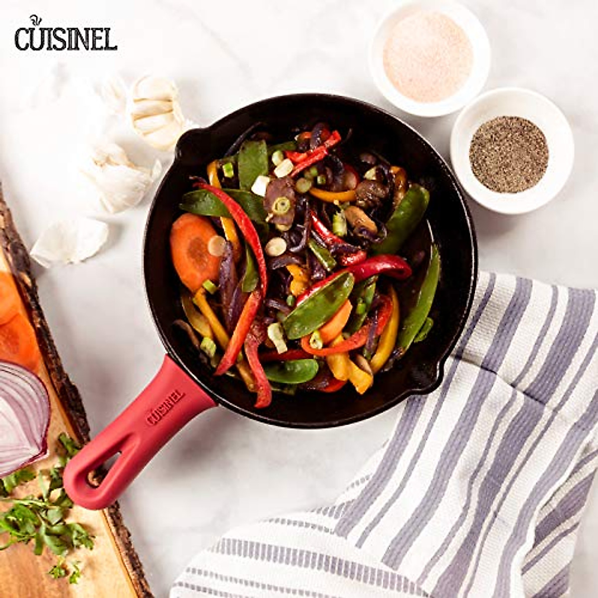 Cast Iron Skillet - 8"-Inch Frying Pan with Pour Spouts + Silicone Handle Holder Cover - Pre-Seasoned Oven Safe Cookware - Indoor/Outdoor Use - Grill, BBQ, Stovetop, Firepit, Gas and Induction Safe