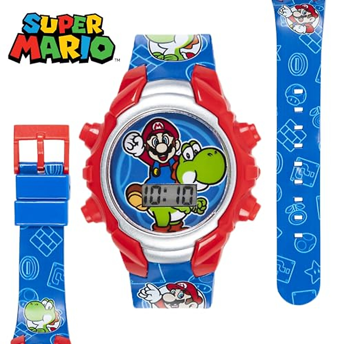Accutime Super Mario Kids Digital Watch with Yoshi, LED Light Show, Soft Silicone Strap, Durable Kid-Friendly Design, Fun Time-Telling for Boys and Girls