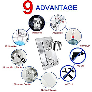 Strong Adhesive Shower Head Holder CACASO Adjustable Shower Wand Holder,Handheld Shower Head Wall Mount Bracket with 2 Hanger Hooks,Showerhead &Bidet Sprayer Bracket Better Than Suction Cups
