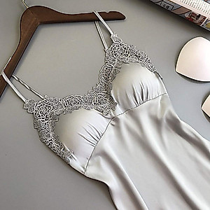 Aniywn Women Babydoll Nightgown Chemises Lace Lingerie Sleepwear Sexy V-Neck Full Slip Sleepdress Spaghetti Strap Nightdress Silver