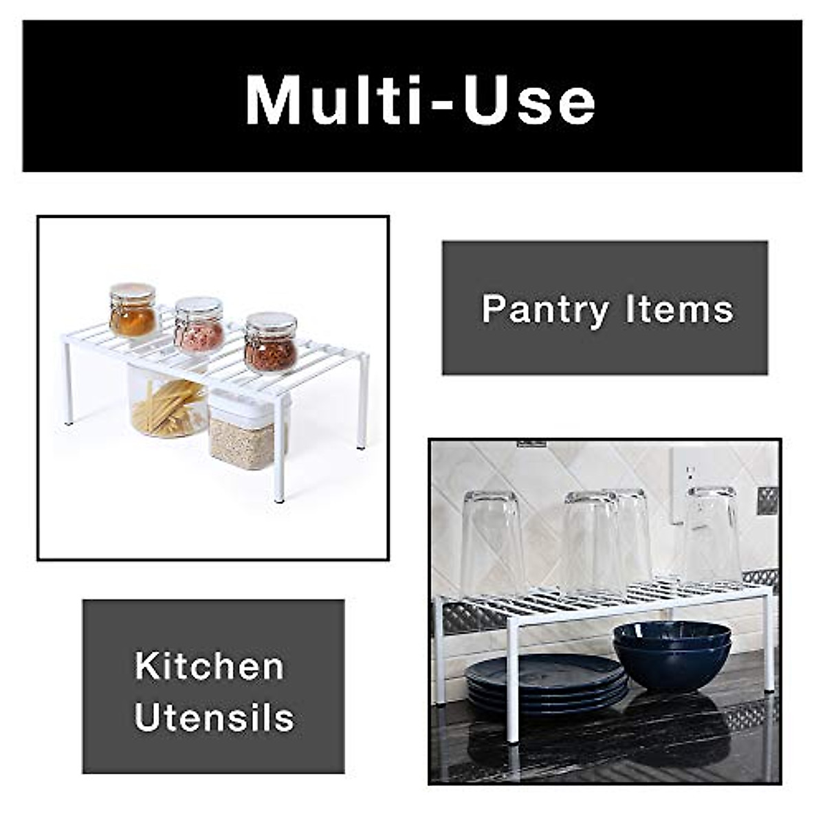 Smart Design Premium Cabinet Storage Shelf - Set of 6 - Large 16 x 8.5 Inch - Steel Metal Frame - Rust Resistant Coating - Counter, Pantry, Shelf Organization - Kitchen - White