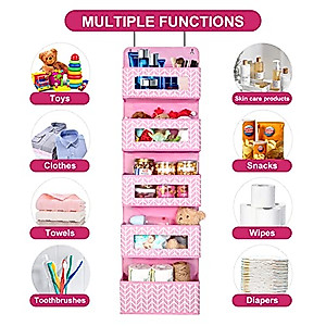Mayniu 2 Pack Over the Door Hanging Organizer Storage with 5 Large Pockets, Wall Mount Pantry Organizer with Clear Windows for Nursery, Closet, Toys, Diapers, and Sundries (Pink)