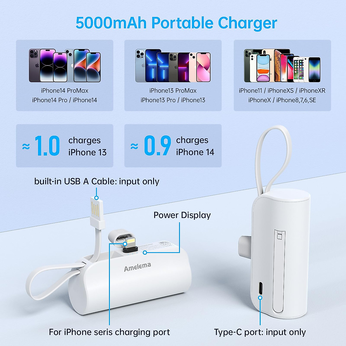 amelema Small Portable Charger for iPhone, 5000mAh Power Bank Fast Charging Portable Phone Charger Compact Battery Pack Compatible with iPhone 14/14 Pro Max/13/12/11/X/8/7/6, White
