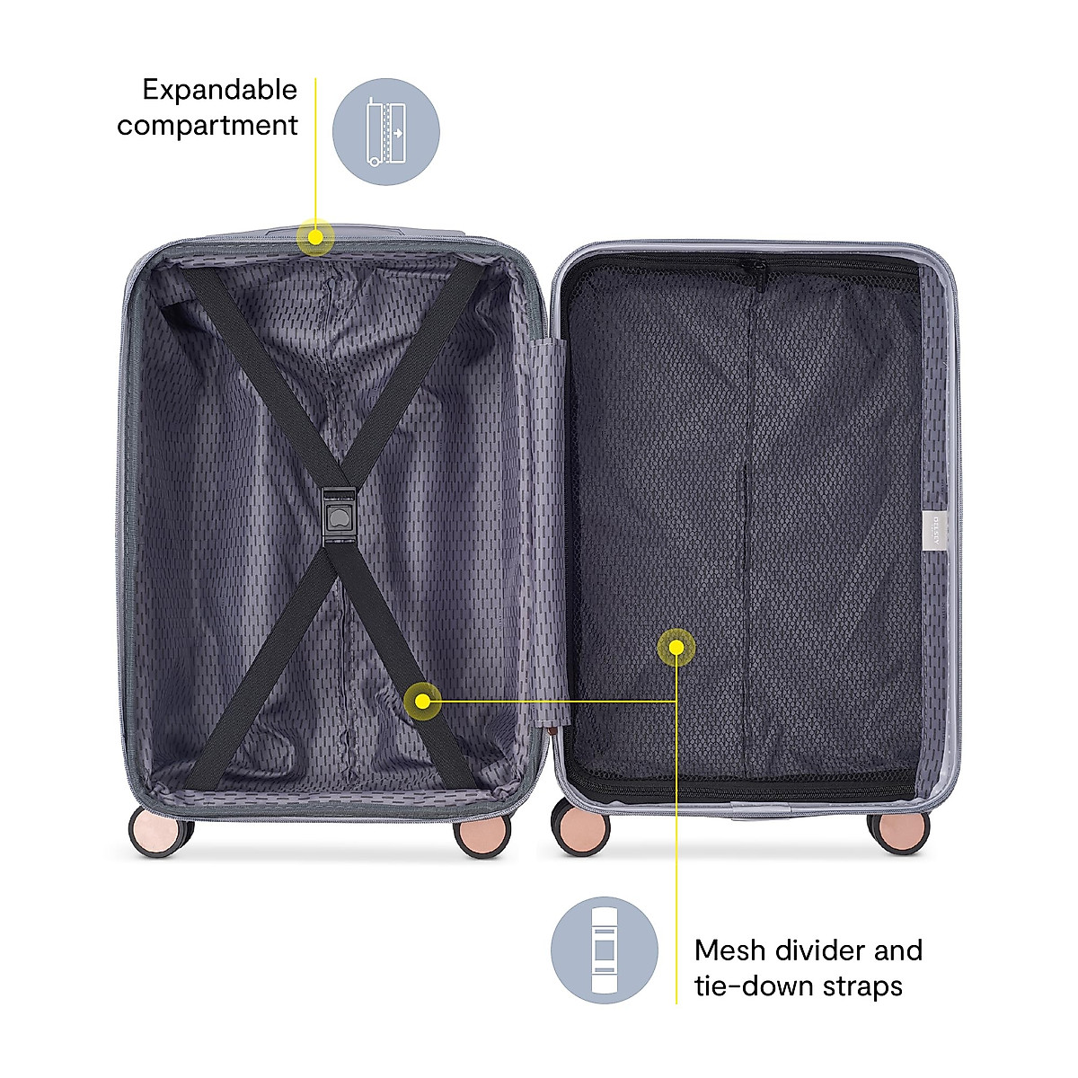 Delsey Paris Alexis Hardside 3-Piece Set, Expandable Luggage with 4 Spinner Wheels, Lightweight Suitcase, 21" Carry-On, 25" Checked Medium, 29" Checked Large, Silver/Rose Gold