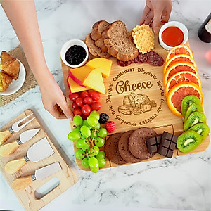 KITCHENVOY Bamboo Cheese Board Set with Slide-Out Drawer, Knife Set, Ceramic Bowls - Every Cheese Name - Charcuterie Boards Gift Set for Christmas, Birthday, Housewarming, Wedding - New Home Gift