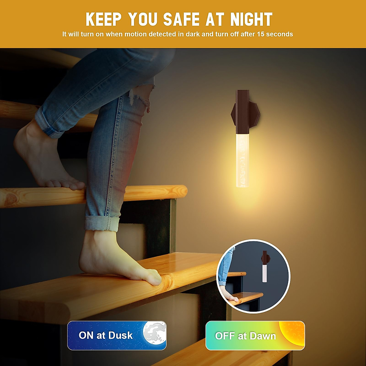 Ni-SHEN Motion Sensor Night Light Indoor with 3 Color Mode, Rechargeable Powerful Magnetic Body Wall Light Led Hallway Light, Battery-Operated Wooden Wall Sconce for Hallway, Stairway (Bubble)