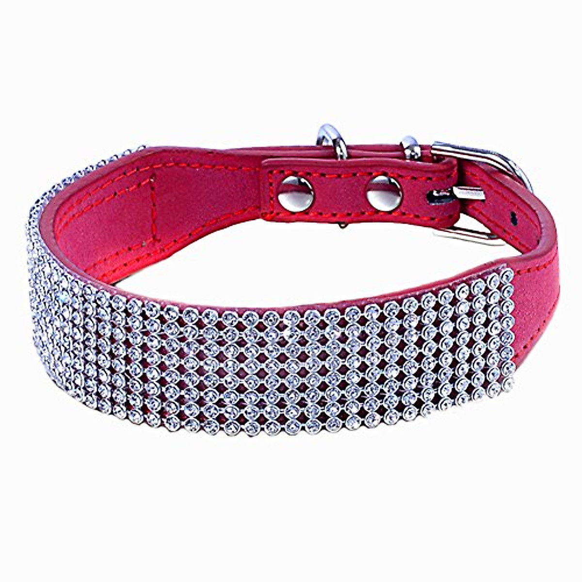 Rhinestone Dog Collar, Bling Rhinestone Suede Leather Crystal Diamond Rhinestones Small Pet Cat Dog Puppy Collar (S, Red)