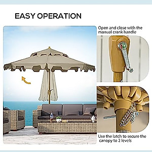 Outsunny 9' Patio Umbrella with Push Button Tilt and Crank, Double Top Ruffled Outdoor Market Table Umbrella with 8 Ribs, for Garden, Deck, Pool, Brown