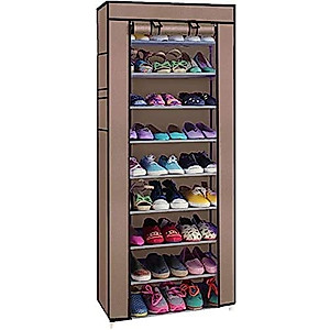 Mekek Shoe Rack Closet, 9 tiers Shoe Rack With Dustproof Cover Closet Shoe Storage Cabinet Organizer Brown