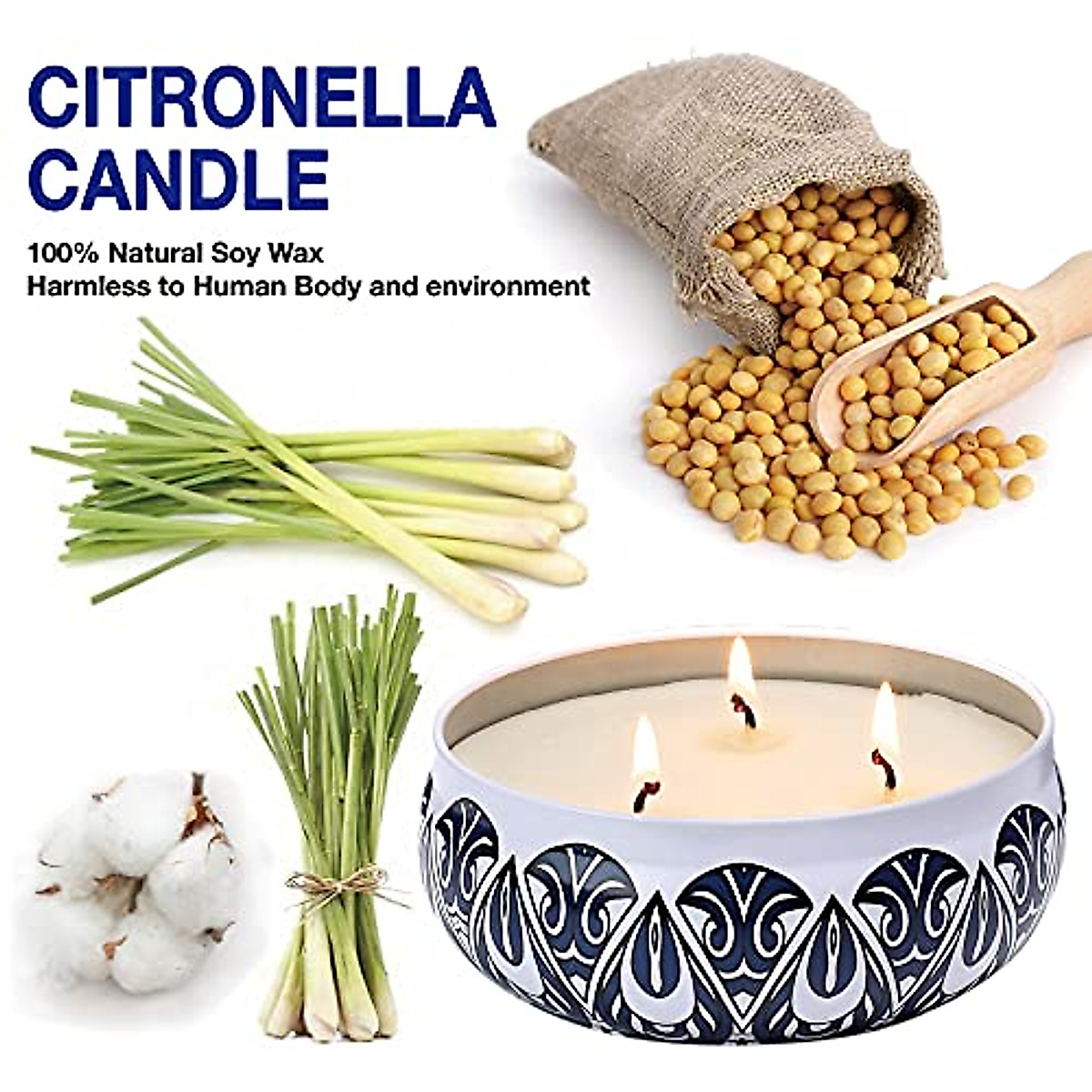 Citronella Candles Outdoor & Indoor, 4 x 12oz Scented Candles Large, Soy Wax 3 Wick Tin Gift Set for Garden Camping Patio