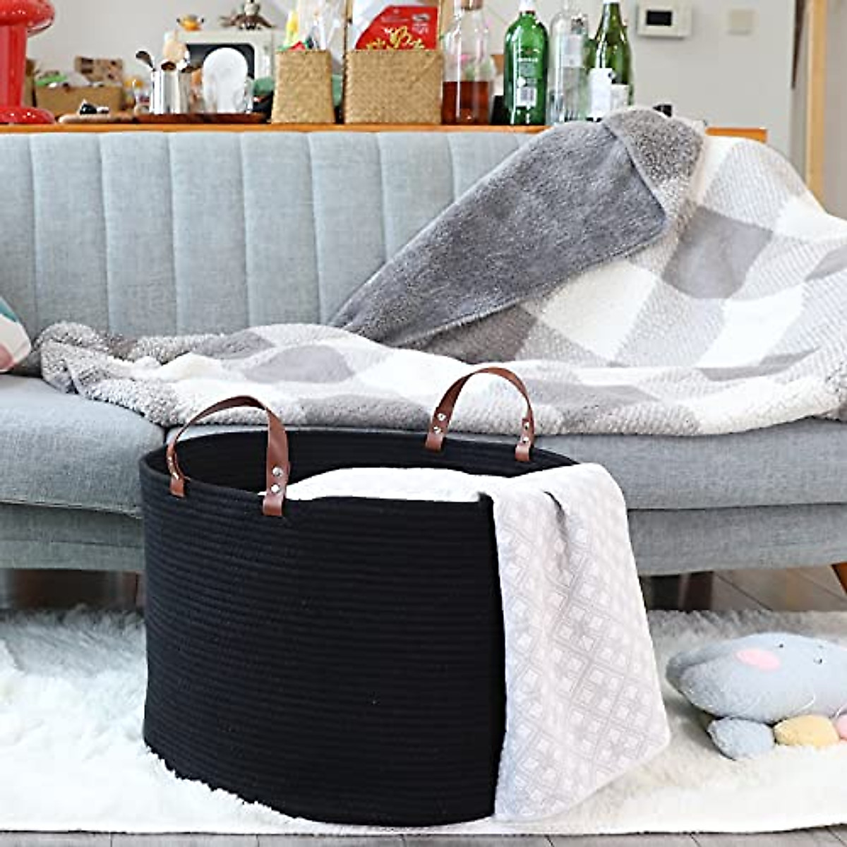 Cotton Rope Basket XXL Blanket Basket for Blankets Large Woven Storage Basket Round Rope Basket Black Toy Basket Woven Laundry Basket with Real Leather Handle, 20''X20''X13''