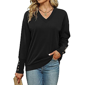 Dimur Womens Sweatshirts V Neck Long Sleeve Shirts Casual Trendy Button Down Pullover Sweaters for Women Black M