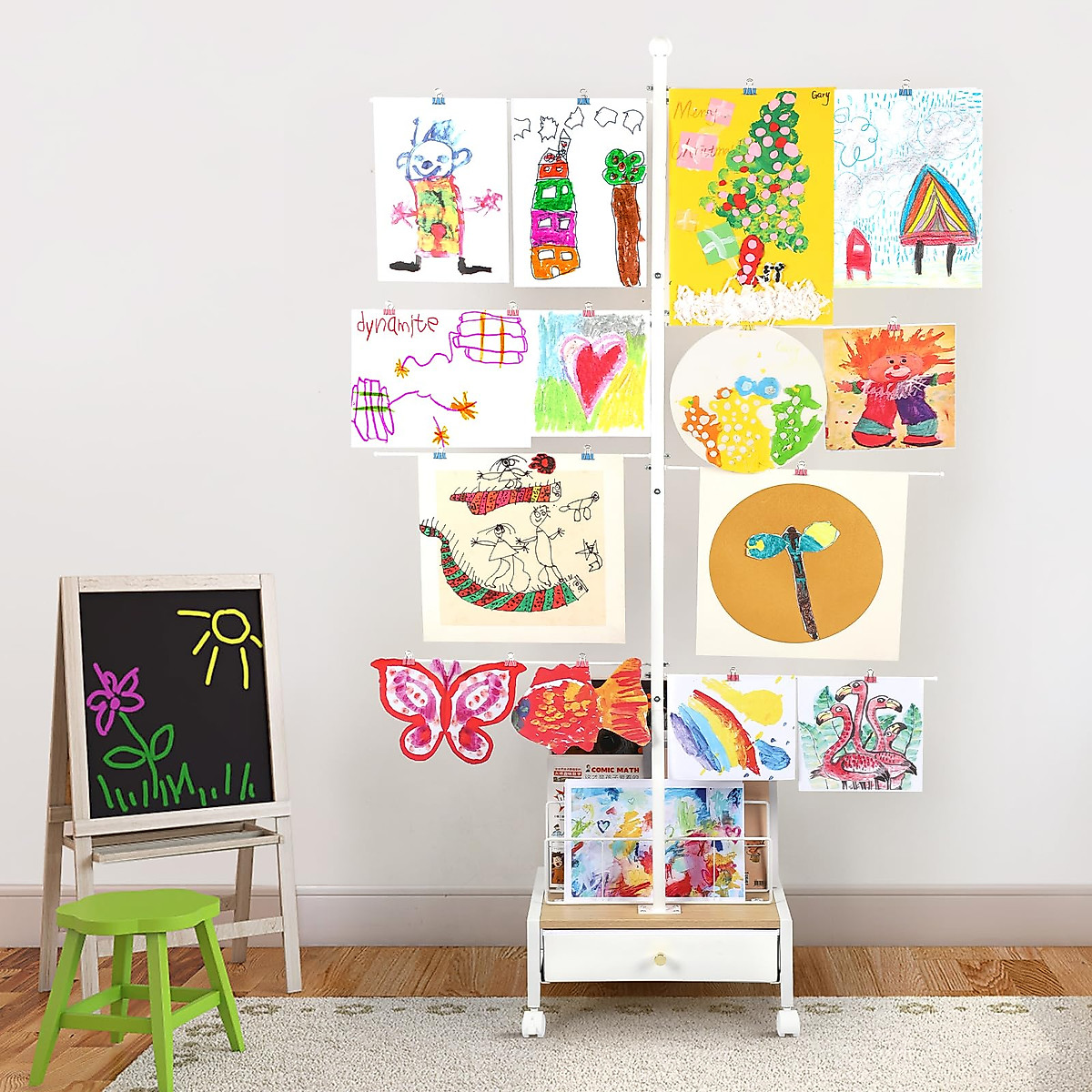 Bikoney Art Display for Kids Artwork-(30 Clips -Total 12ft Wire)-Kids Art Display-Art Drying Rack-Floor Picture Hanging System Kit for Drawing/Photo/Card/Picture Collage Display