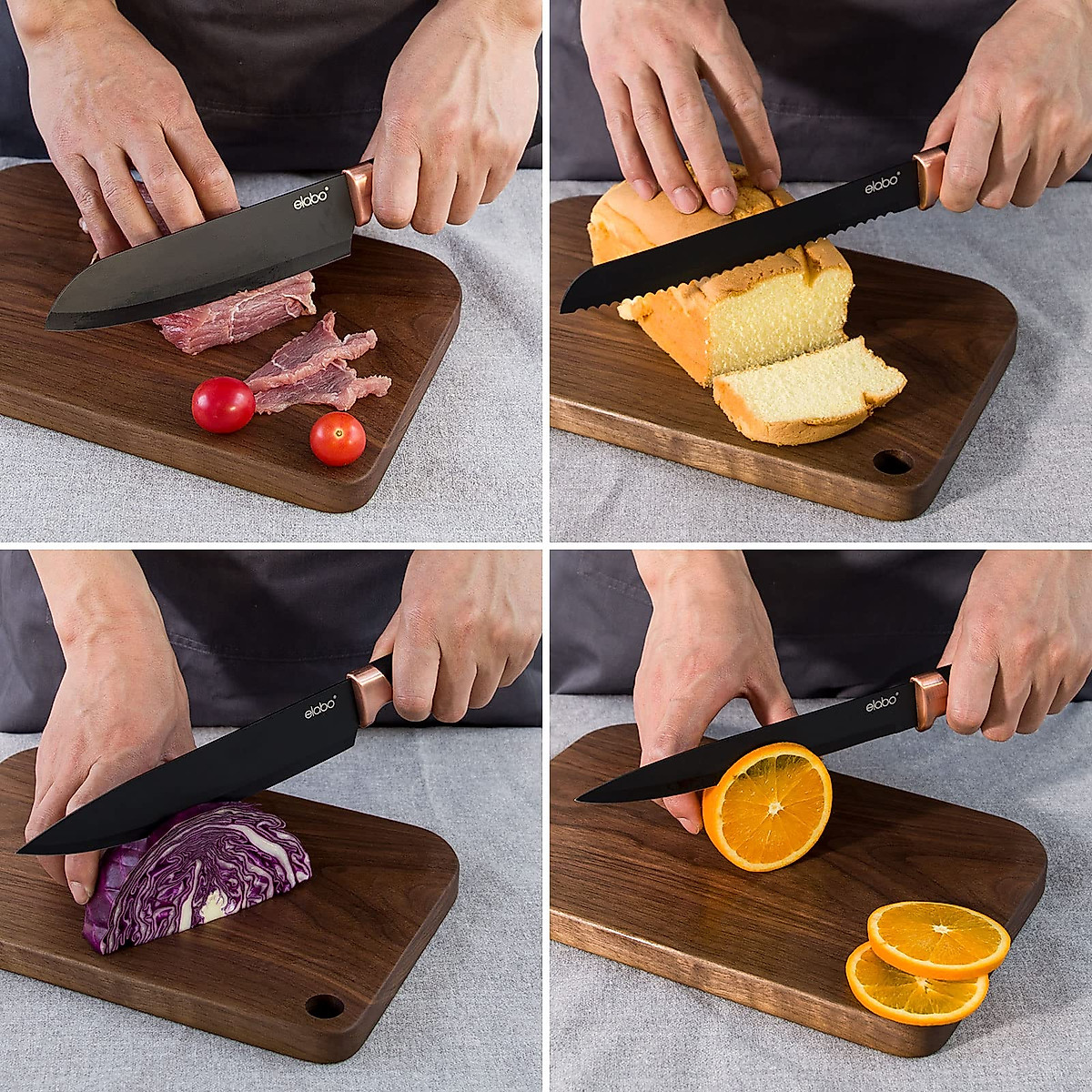 elabo 5 Piece Black Kitchen Knife Set with Stand - Stainless Steel Non-Stick Coating Knives, Rose Gold Handle