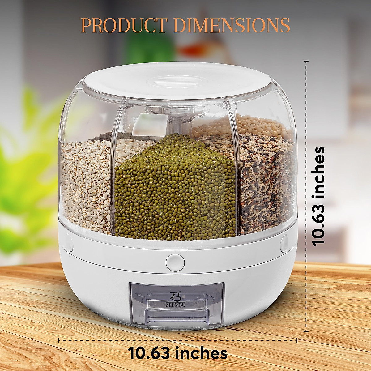 ZEEMBU Grain and Rice Dispenser, 8 Quarts Rotating 360° Kitchen Dry Food Storage Container with 6 Compartments, Easy Disassembly for Cleaning, Compact Design