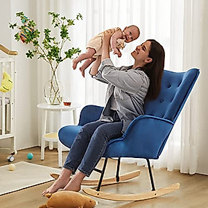 IDEALISMLIVING Rocking Chair, Nursery Glider Rocker Chair with Linen Fabric, Boho Chair with Solid Wood, Nursery Rocking Armchair for Baby Room, Rocking Chair Nursery for Living Room Bedroom (Blue)