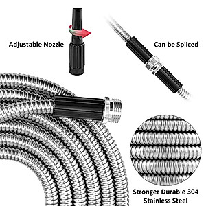 100ft Garden Hose Made by Metal with Super Tough and Soft Water Hose, Household Stainless Steel Hose, Durable Metal Hose with Adjustable Nozzle, No Kinks and Tangles, Easy to Store with Storage Strap
