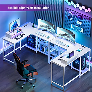 VEELOK L Shaped Desk with Power Outlets, Wood Computer Desk with Monitor Stand and Storage Shelves, Gaming Desk, Office Desk, Study Desk, Corner Desk Work Desk for Home Office, White