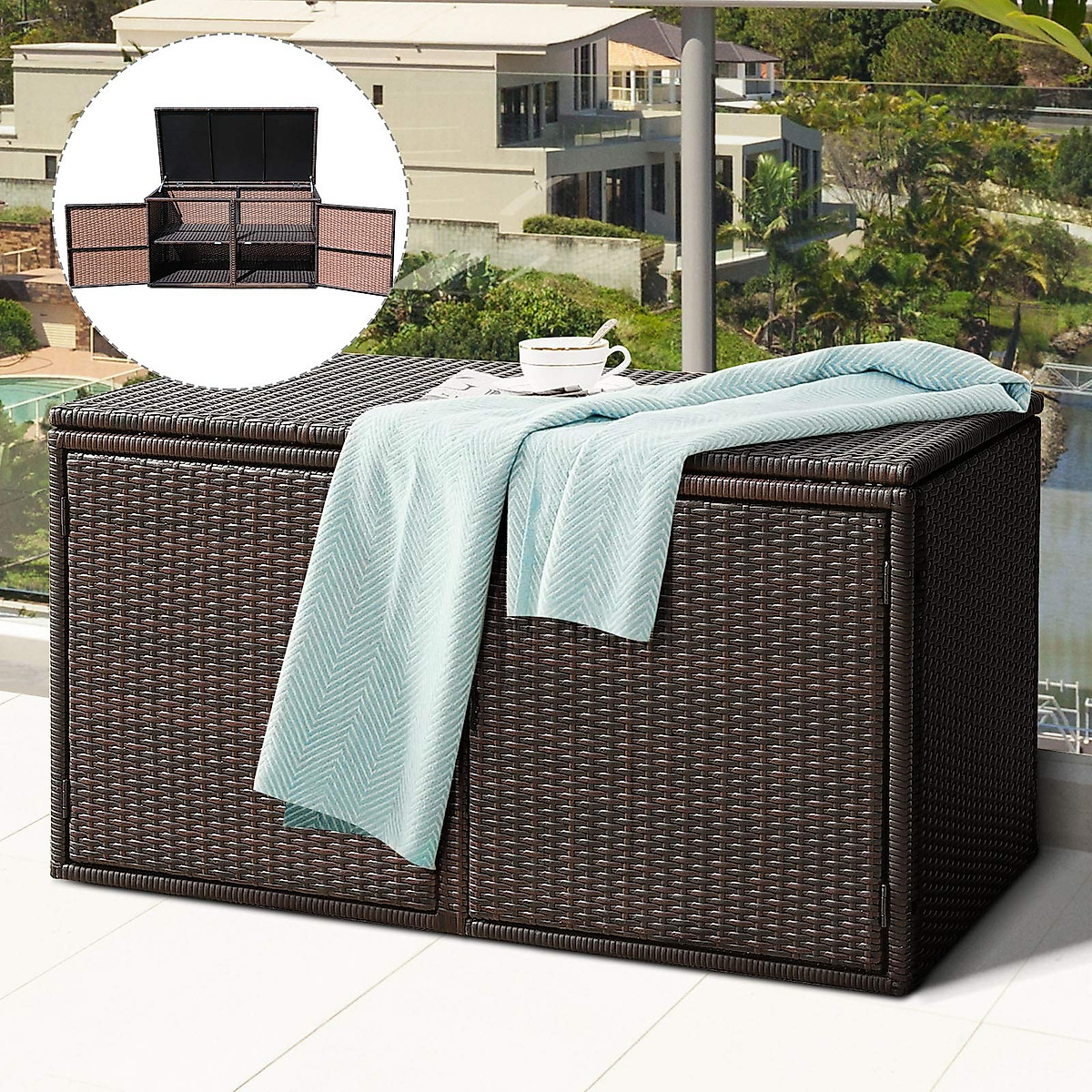 Tangkula Outdoor Wicker Storage Box, Garden Deck Bin with Steel Frame ...