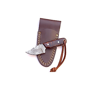 MEDIEVAL SUPPLIES Damascus Steel EDC Knife 4.5inch Fixed Blade Mini for Skinning,Survival,Camping and Outdoor Enthusiasts with Natural Handle Leather Sheath Brand By (WOOD)