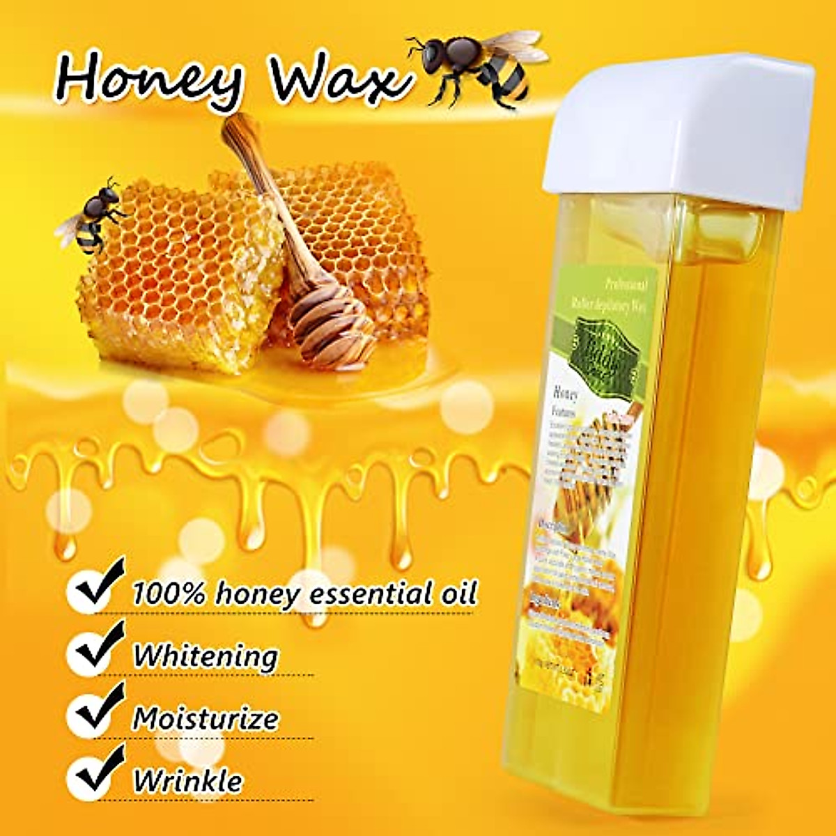 Roll on Wax, Wax Roller Kit for Hair Removal, Honey Roller Waxing Kit Include 2 Honey Soft Wax Cartridge & 100 Non-Woven Wax Strips, Portable Pink Wax Heater Machine for Women & Men, Waxing Roller Kit