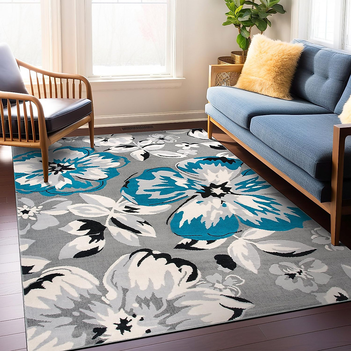 Rugshop Modern Floral Design Area Rug for Living Room,Bedroom,Home Office,Kitchen Non Shedding Area Rug 7'6" X 9' 5" Blue