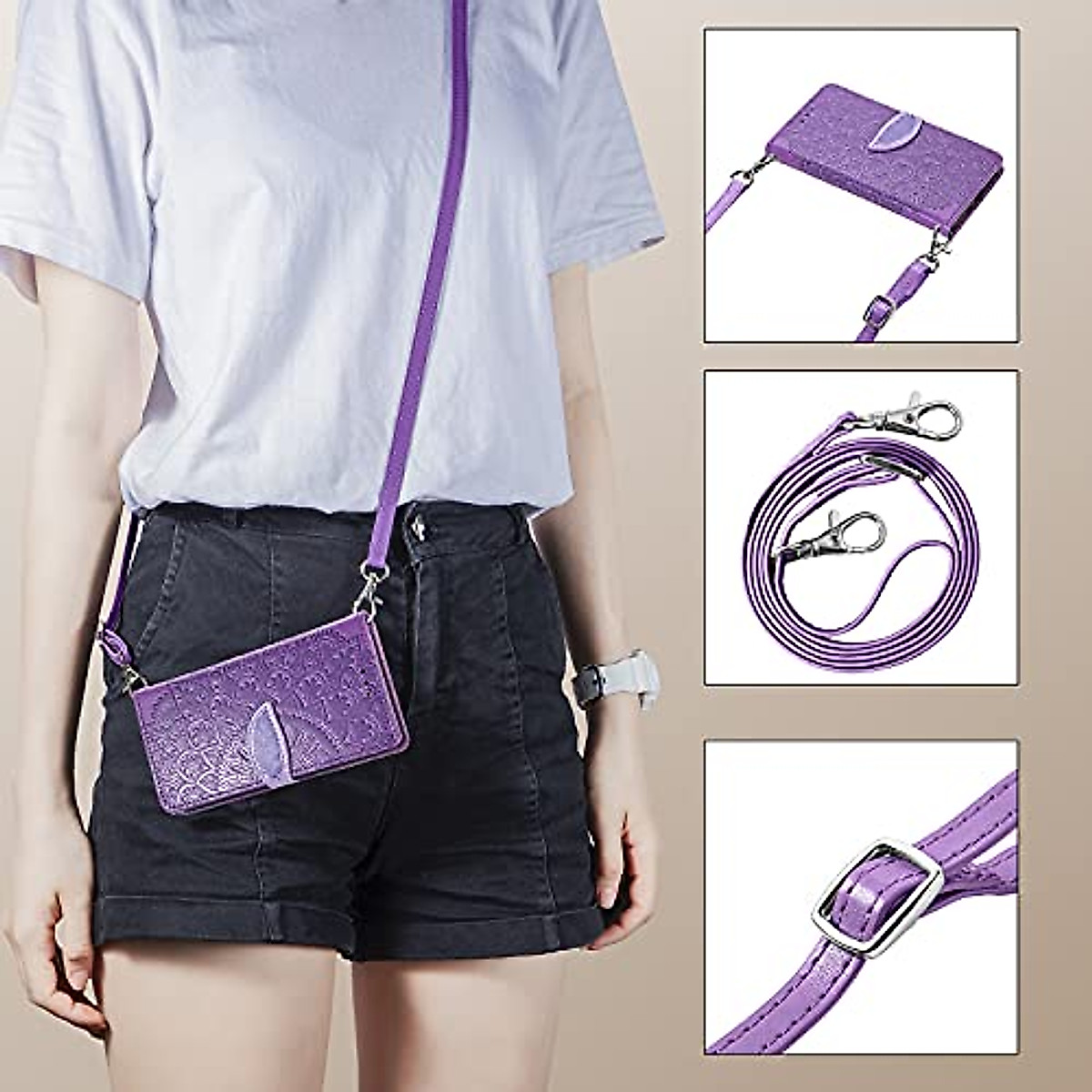 ONV Wallet Case for Oppo Realme 7 Pro -1.5M Adjustable Strap Emboss Feather Flip Phone Case Card Slot Magnet Leather Shell Flip Stand Cover for Oppo Realme 7 Pro [MZY] -Purple