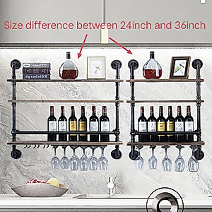 36"Wall Mounted Wine Rack with Shelf &Bottle Glass Holder,Hanging Industrial Pipe Shelves Floating Bar Shelves Rustic Wood Wine Shelf Wall Shelf Storage Unit Shelving Farmhouse Wine Glass Rack