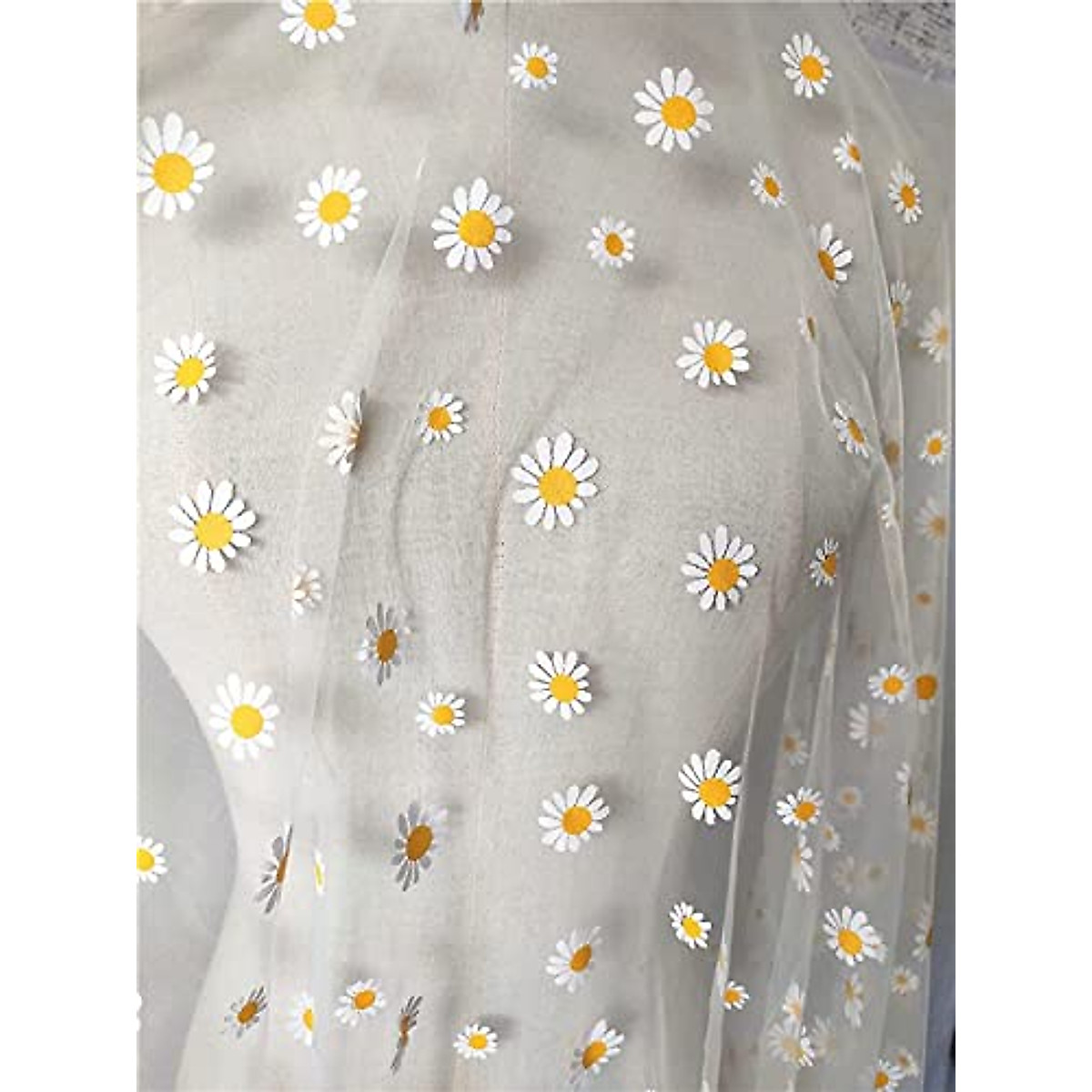 59" Width Tulle Lace Fabric Daisy Flower Print Fabric for for DIY Dress Costume Design Accessories Flower Girl Women Gown Wedding Dress Home Decor (3 Yard, White)