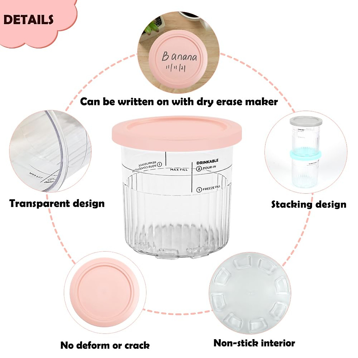 YQL 24oz Containers Replacement for Ninja Creami Deluxe Pints and Lids,Extra Pint Compatible with Ninja NC500 NC501 Series Creami Deluxe ice Cream Makers Dishwasher Safe(4 Color)