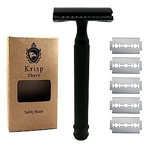 Krisp Beauty Stainless Steel Long Handle Black Safety Razor for Men - Double Edge Razor - Fits All Double Edge Razor Blades - Comes With 5 Shaving Blades