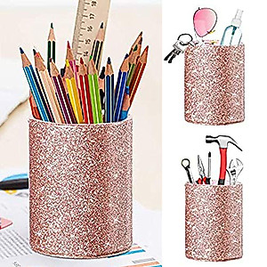 Glitter Pen Holder, Pencil Cup Desk for Women Girls Makeup Brush Organizer Holder Large Pu Leather Cup Office Supplies Desk Decor Accessories, Gift, Classroom, Home(Rose Gold)