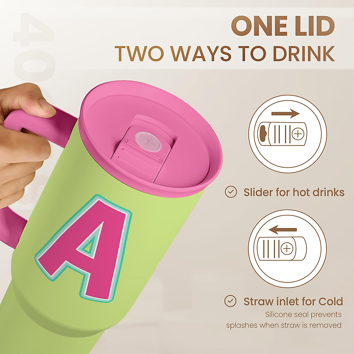 SANDJEST Monogrammed Tumbler with Handle 40oz, Letter A Tumblers Coffee Travel Cup with Straw, Personalized Monogram Initial Gifts for Women Girls, Customized Gifts for Christmas Birthday Mothers Day