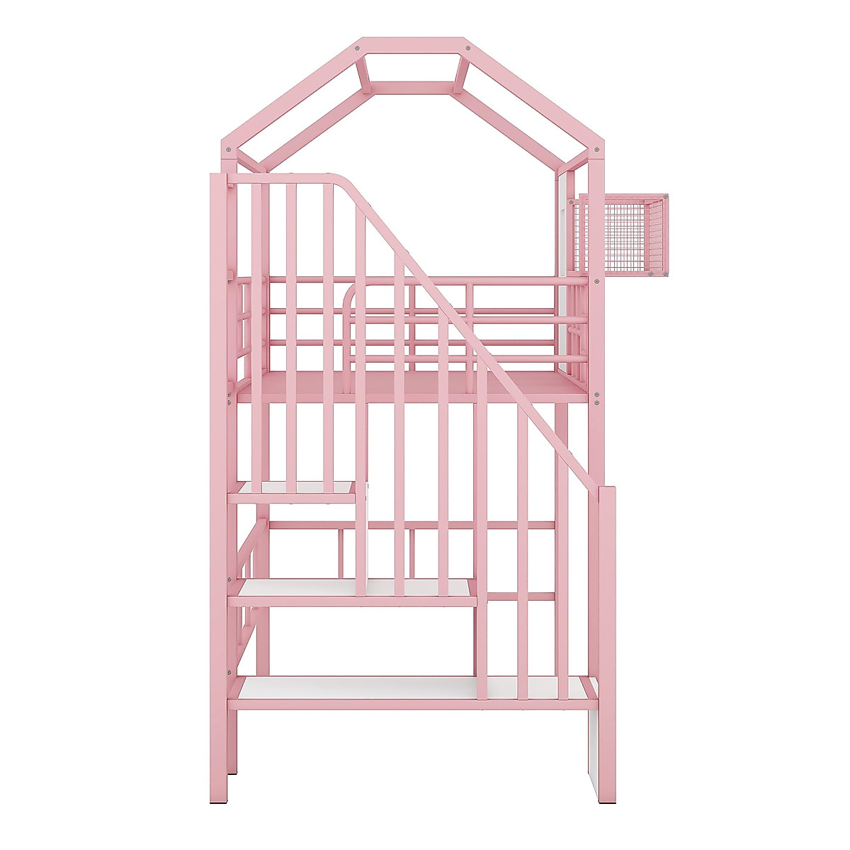Favfurish Twin Size Metal Loft Bed with roof Design and a Storage Box,House Shaped Stairway Metal Bedframe w/Guardrail & Roof Design, for Kids Boys Girls Bedroom, Pink