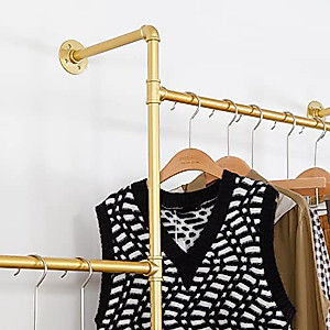 EDCB Industrial Pipe Clothing Rack with Shelves Closet Rods System, Double Hanging Rods Wall Mounted Clothes Rack Heavy Duty, Detachable Garment Bar (91.5X72inch, Gold)