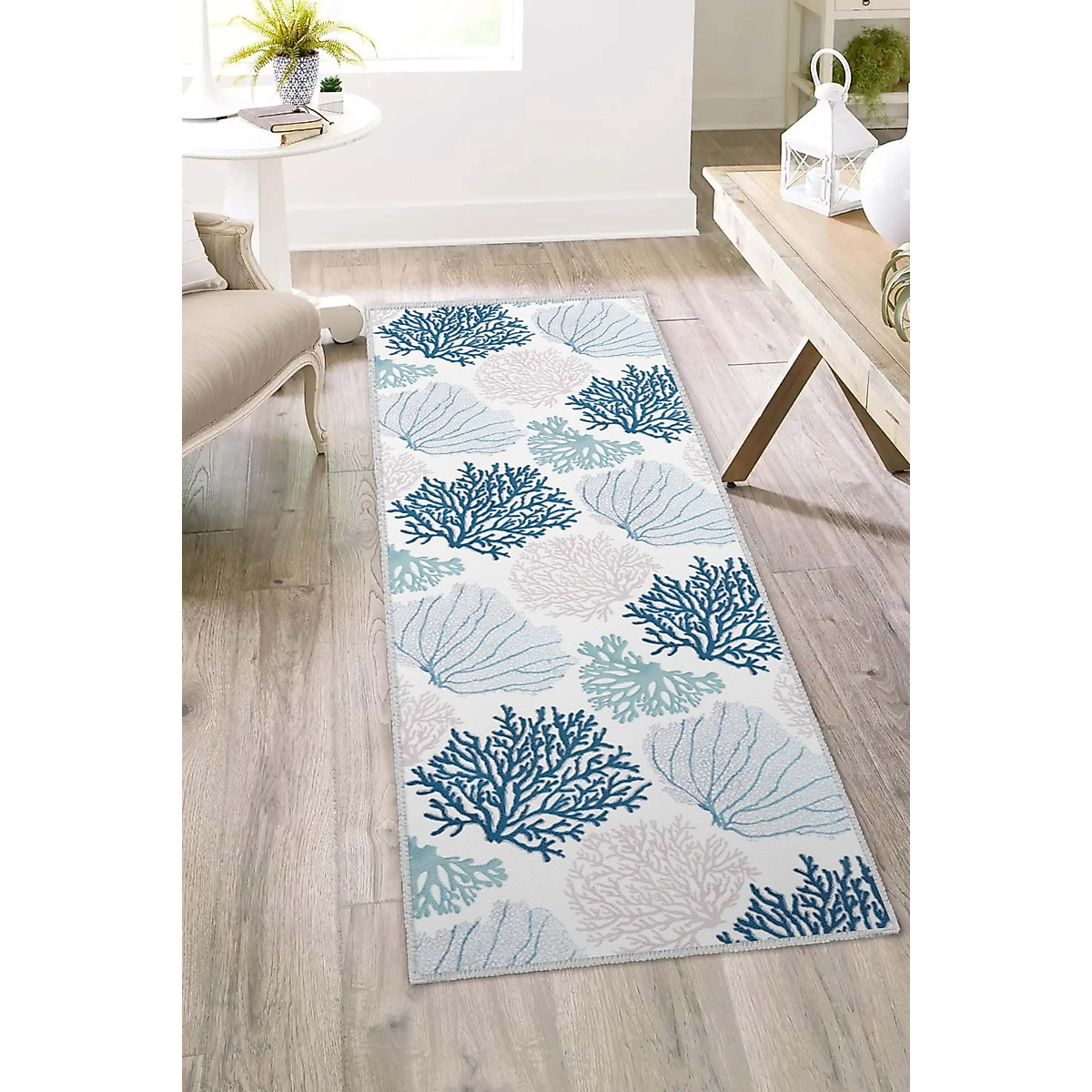 Coastal Runner Rug Beach Hallway Rugs Non-Slip Nautical Coral Machine Washable Rugs Modern Floor Carpet for Kitchen Bathroom Laundry Bedroom Living Room, 2x6