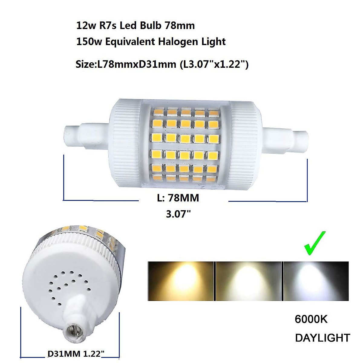 QLEE Dimmable 12w R7s Led Bulb 78mm Daylight 150w Equivalent Halogen Light 3.1" Double Ended J Base T3 R7s 150w 120v Flooding Light Reading Working Security Floor Lamp Soft Light 2PCS