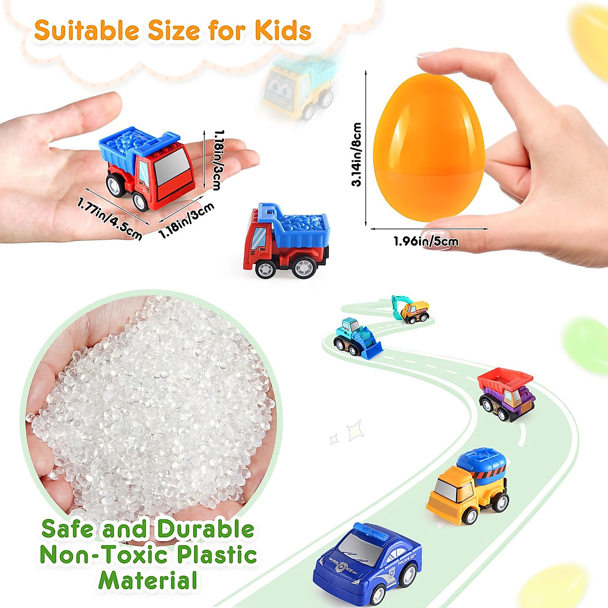 Duchong Prefilled Easter Eggs with Cars Toys for Easter Eggs Hunt, 24 Packs 2.8“ Plastic Eggs with Pull-Back Construction Vehicles, Easter Theme Party Favor, Easter Basket Stuffers for Boys Girls
