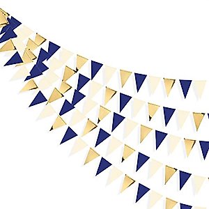 30 Ft Navy Blue Beige Gold Party Decorations Hanging Paper Triangle Flag Pennant Banner Bunting Garland for Bachelorette Engagement Wedding Birthday Baby Bridal Shower Anniversary Hen Party Supplies