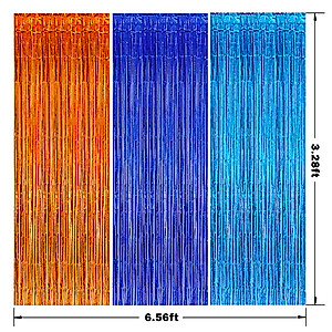 Blue and Orange Foil Fringe Curtains, Blue Orange Dog Birthday Party Supplies Blue Orange and Light Blue Streamer Backdrop Tinsel Photo Booth Prop for Blue Orange Dog Party Decoration (3Pack)