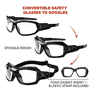 Ergodyne - 56003 Skullerz Loki Convertible Anti-Fog Safety Glasses, Clear Lens- Includes Gasket and Strap to Convert to Goggle Anti-fog Clear Lens, Black Frame