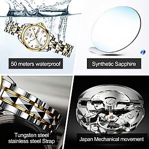 OUPINKE Automatic Womens Watches Self Winding Mechanical Luxury Dress Diamond Dial Tungsten Steel Wrist Watches for Women Date Waterproof Luminous