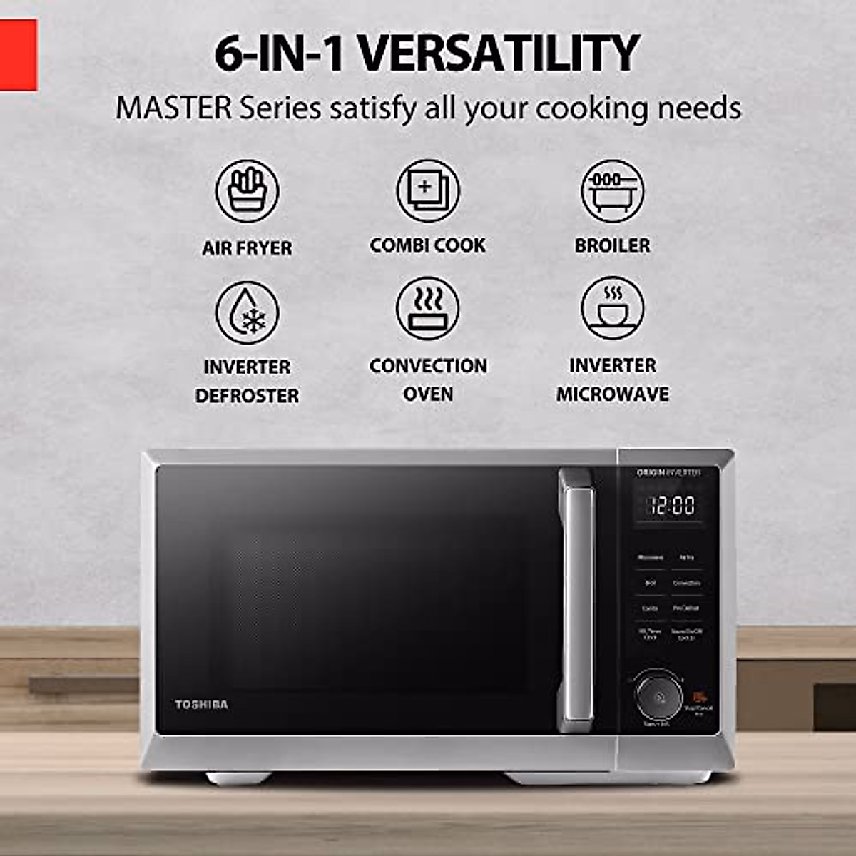 TOSHIBA 6-in-1 Inverter Microwave Oven Air Fryer Combo, MASTER Series Countertop Microwave, Healthy Air Fryer, Broil, Convection, Speedy Combi, Even Defrost, Sound On/Off 27 Auto Menu Stainless Steel