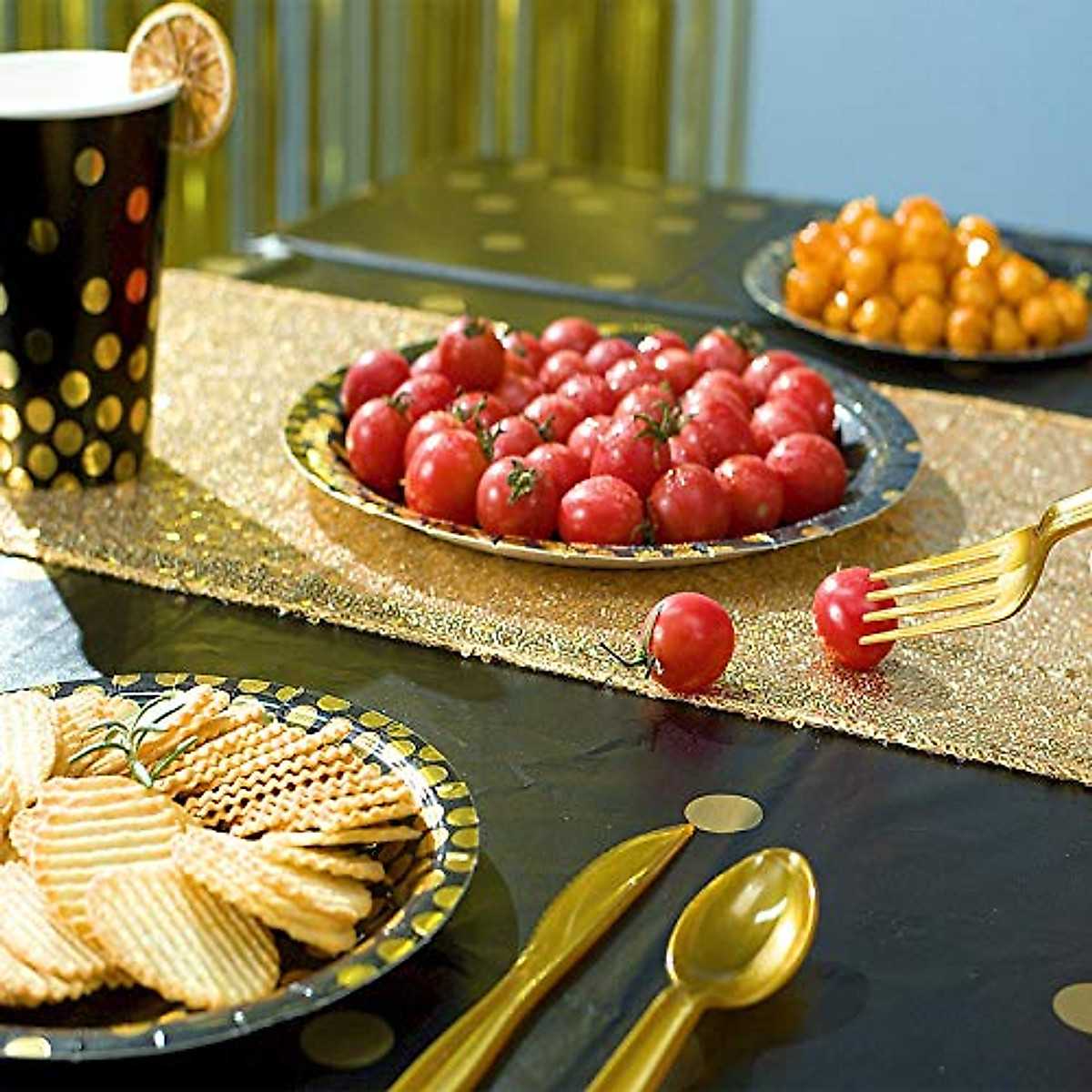 DECORLIFE Black Paper Plates, 400PCS Serves 50, Black and Gold Plates and Napkins Party Supplies, 12oz Cups, Utensils, Straws for Graduation Homecoming Retirement Anniversary Birthday Party