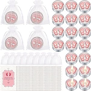40 Sets Baby Shower Candle Party Favors Feet Tea Light Candles with Thank Tags and White Mesh Bags Baby Shower Gifts for Guest Girl Boy Gender Reveal Party Decorations (Pink)