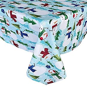Newbridge Blue Snowman Fun Christmas Fabric Tablecloth, Cheerful Snowmen and Evergreen Tree Print Xmas Soil Resistant, No Iron Easy Care Tablecloth, 60 Inch x 102 Inch Oblong/Rectangle