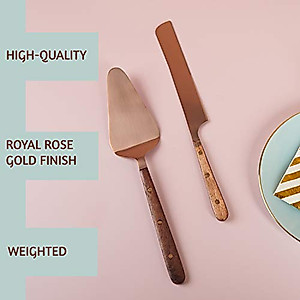 Folkulture Cake Knife and Server Set, Stainless Steel Cake Cutting Set for Wedding, Pie or Patry Serving Set for Home Decorations, Large 2-Piece Dessert Set for Boho Gifts, Rose Gold
