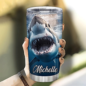 Hyturtle Personalized Gifts Shark Lover - Shark Printed Customized Name Stainless Steel Tumbler 20 oz With Lid - Idea Cute Sea Animal Lover Gifts For Women, Girl, Kids On Birthday, Christmas